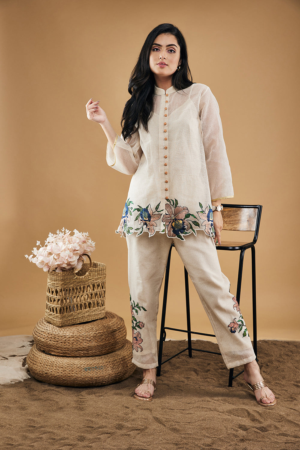 Offwhite Orchid Bloom Applique Top With Pants | Sougat Paul